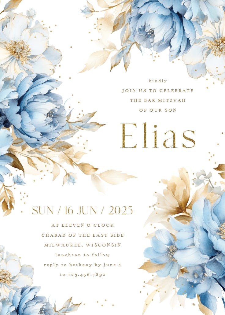 Blue Blooms - Bar & Bat Mitzvah Invitation Template | Greetings Island
